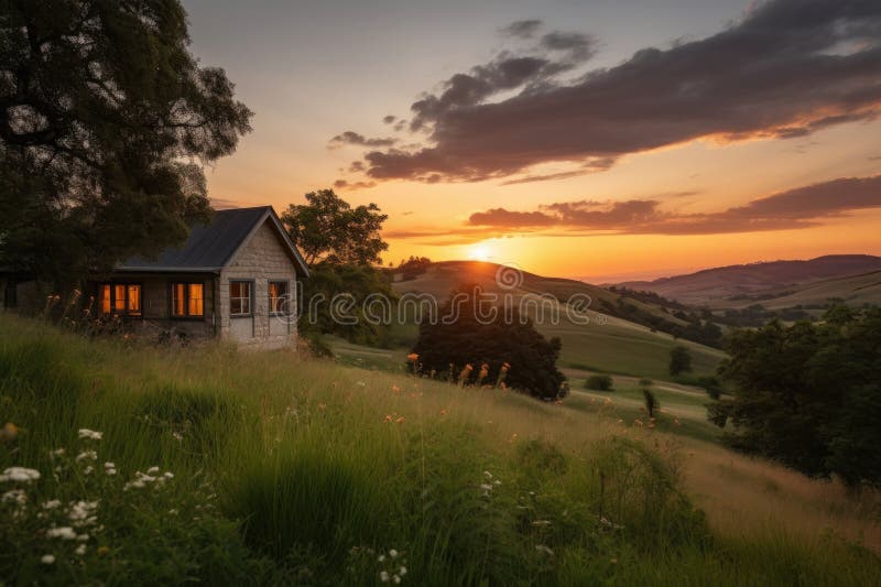 Cottage Nestled among Rolling Hills, with a View of the Setting Sun ...