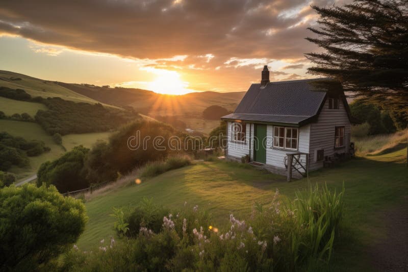 Cottage Nestled among Rolling Hills, with a View of the Setting Sun ...