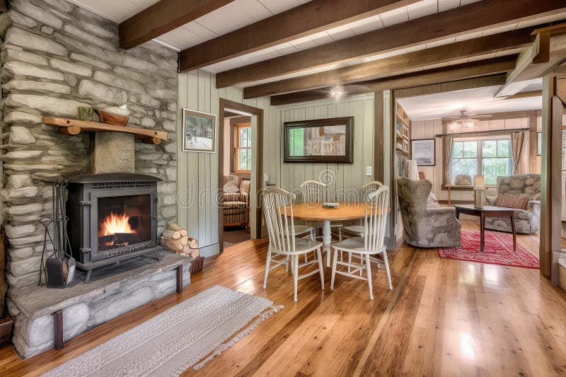 Cottage with Open Floor Plan, Cozy Fireplace, and Rustic Decor Stock ...