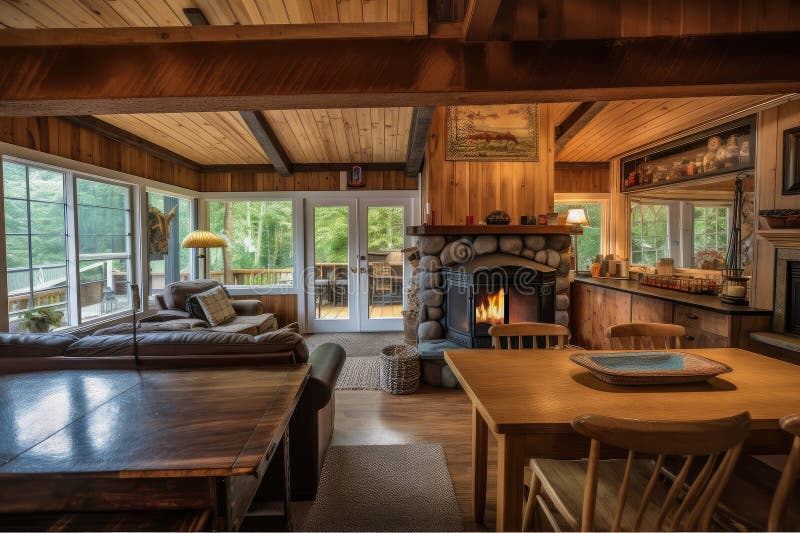 Cottage with Open Floor Plan, Cozy Fireplace, and Rustic Decor Stock ...