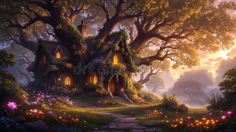 Cottage Overgrown with Ancient Trees Stock Illustration - Illustration ...
