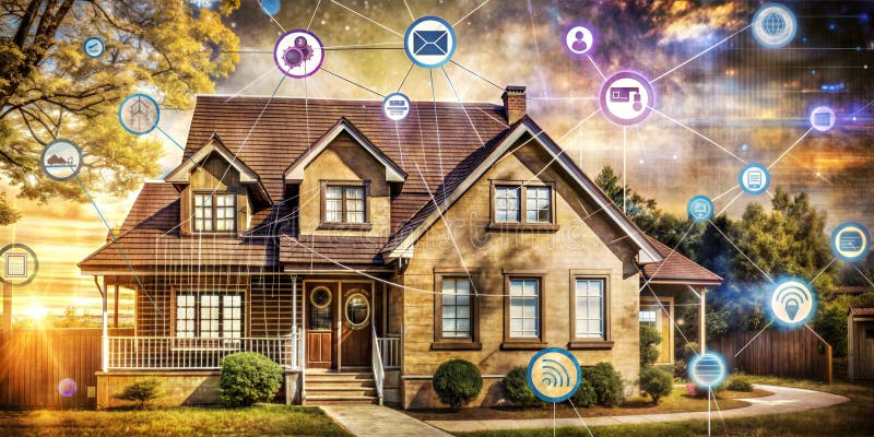 Cottage with Smart Home Management Icons and Automation Scheme Stock ...