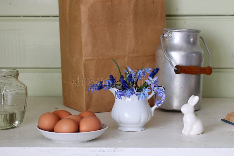 Cottage Still Life with Chicken Eggs and a Rabbit Figurine, Easter ...