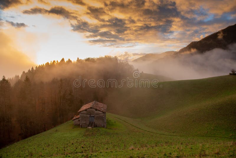 Cottage at sunset stock image. Image of country, historic - 132716199