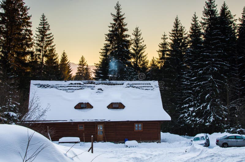 Cottage in sunset stock photo. Image of country, snowy - 97011962