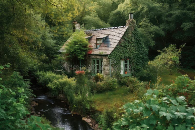 Cottage Surrounded by Lush Greenery and Babbling Brook Stock Image ...