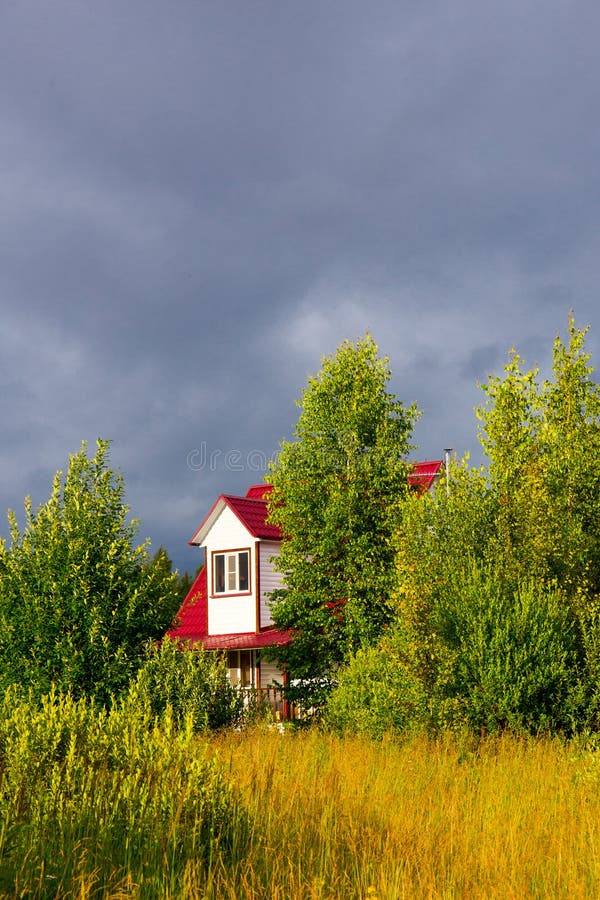 Cottage among trees stock image. Image of yard, summer - 59959405