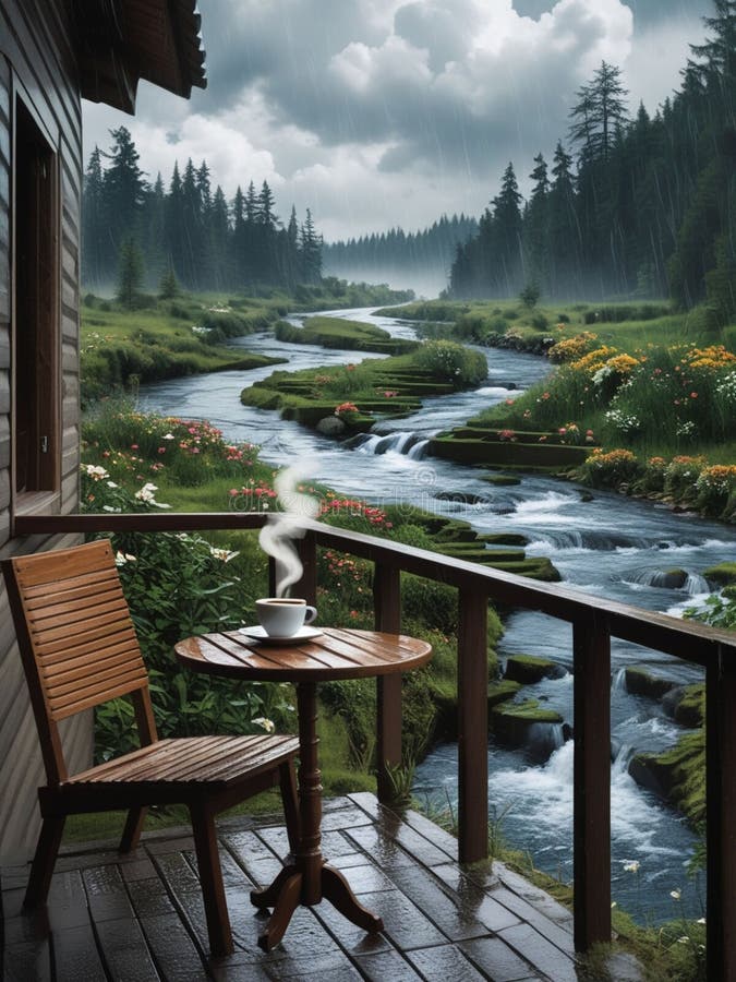Cottage Veranda by the Stream Stock Illustration - Illustration of ...