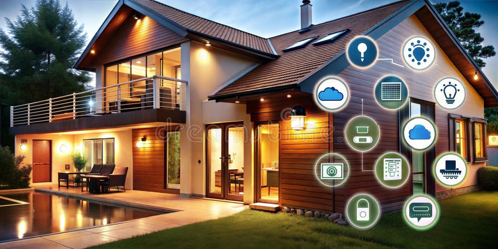 Cottage with Visual Icons Representing Smart Home Control System Stock ...