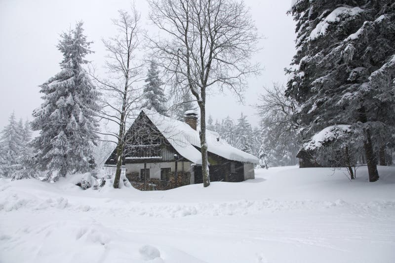 Cottage in winter stock image. Image of rural, night - 23767715