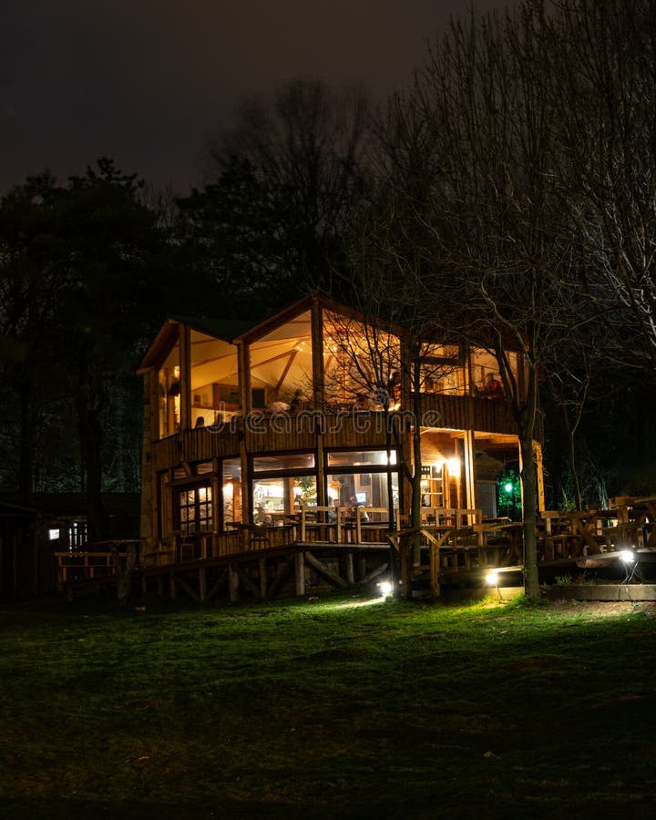 Cottage in the Woods during the Night Stock Photo - Image of lights ...
