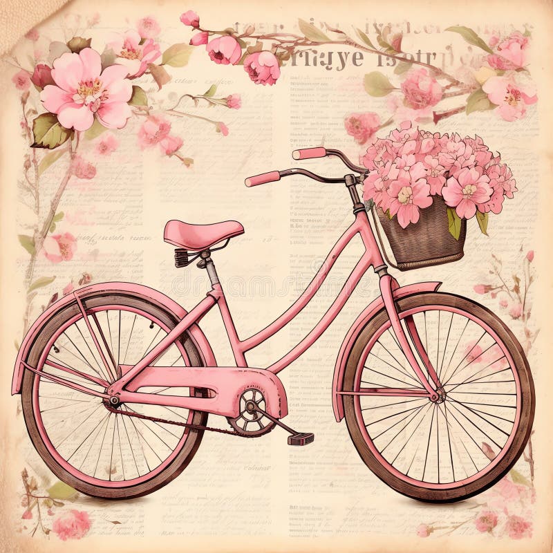 Cottagecore Bicycle Old Paper, Vintage Digital Paper Stock Illustration ...