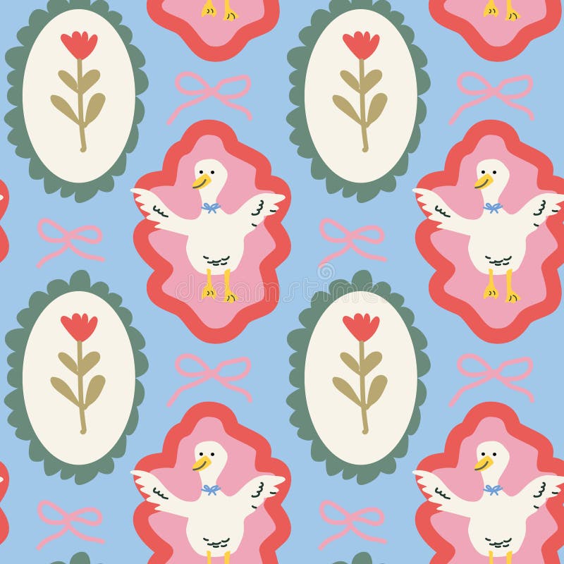 Cottagecore Duck and Floral Pattern Design for Decor Stock Illustration ...