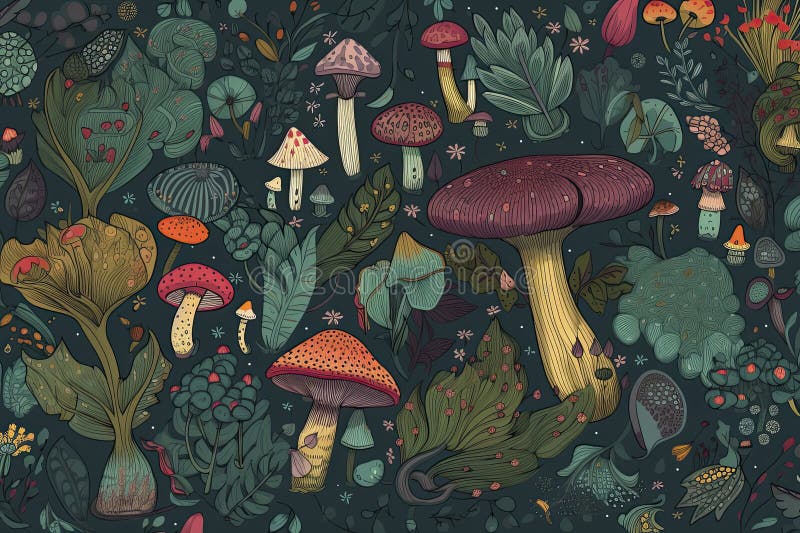 Cottagecore Garden Seemless Pattern Mushrooms Wildflowers Frogs Snails ...