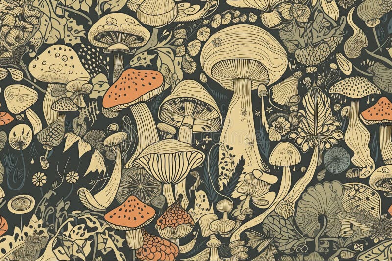 Cottagecore Garden Seemless Pattern Mushrooms Wildflowers Frogs Snails ...