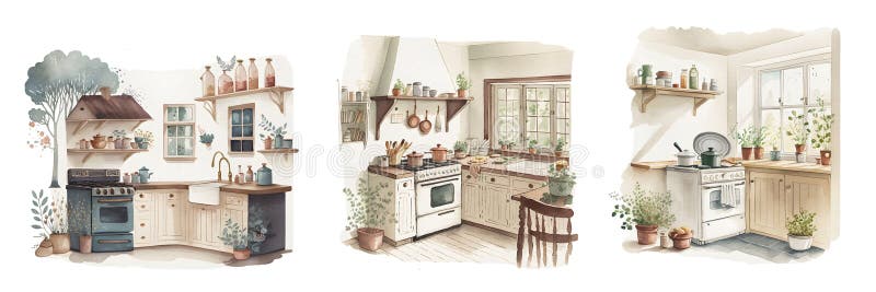 Cottagecore Kitchen Interior. Modern Bright Kitchen with Large Windows ...