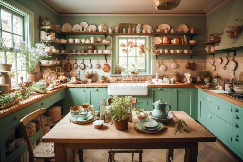 Cottagecore style kitchen stock illustration. Illustration of hipster ...