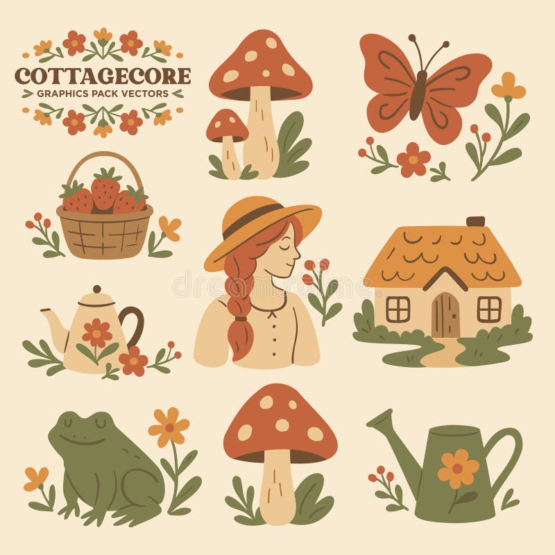 Cottagecore Theme Style Graphic Set Vector Template Stock Vector ...