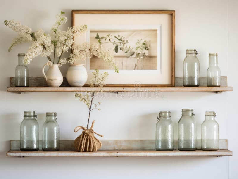 Cottagecore Wood Floating Shelf with Patchwork Frames and a Mat - AI ...
