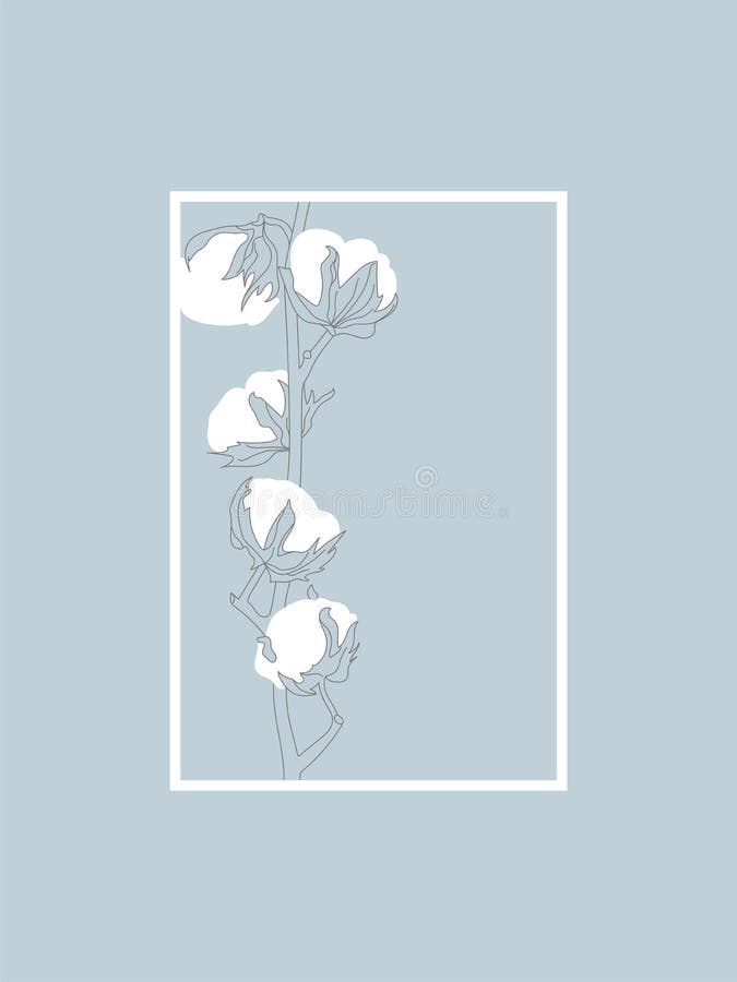Cotton Branch Line Design on Blue. in Frame Stock Vector - Illustration ...