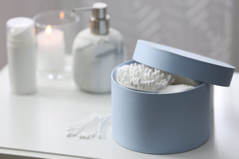 Cotton Buds and Pads in Box on White Table Indoors, Space for Text ...