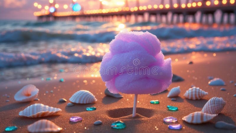 Pink Cotton Candy on the Beach at Sunset Stock Illustration ...