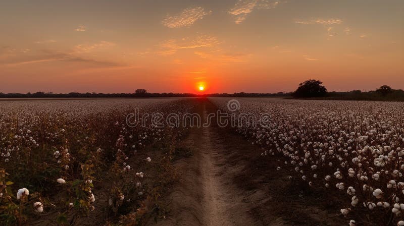 Cotton Field in Bloom at Sunset Stock Illustration - Illustration of ...