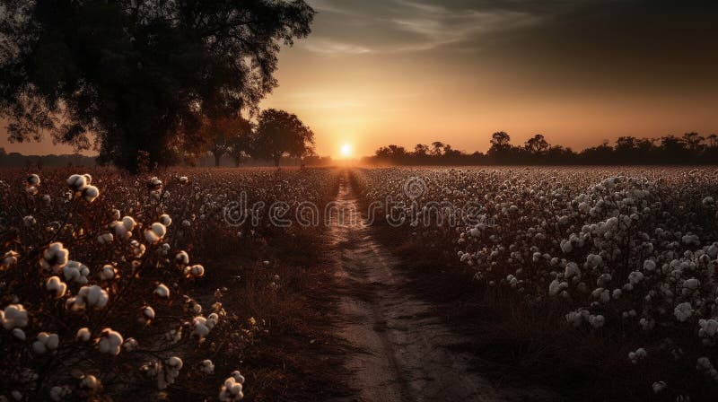 Cotton Field in Bloom at Sunset Stock Illustration - Illustration of ...