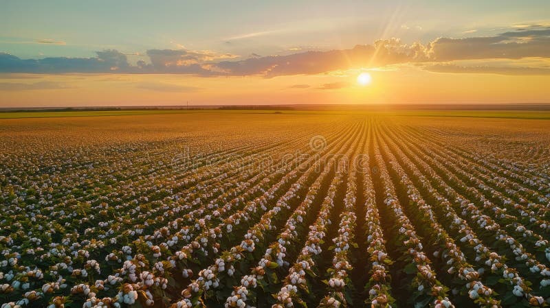 Cotton Field at Sunset , Ready for Harvest. Concept of Agriculture ...