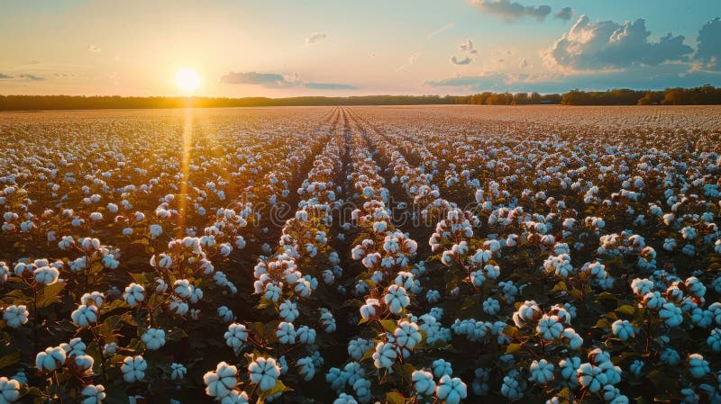 Cotton Field at Sunset , Ready for Harvest. Concept of Agriculture ...
