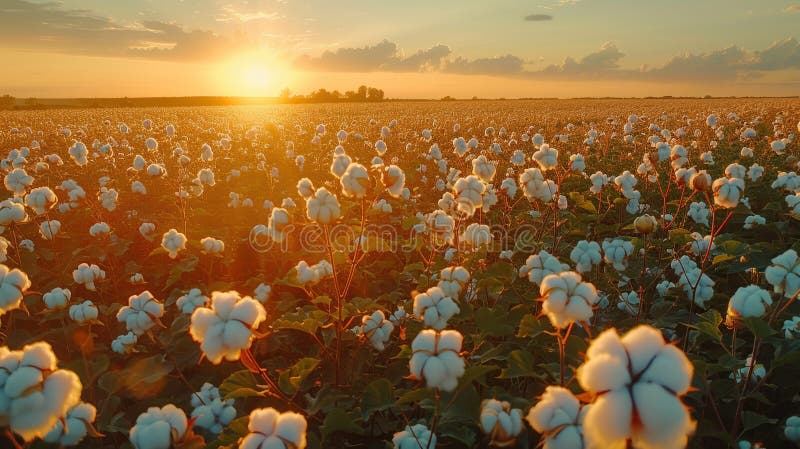 Cotton Field at Sunset , Ready for Harvest. Concept of Agriculture ...