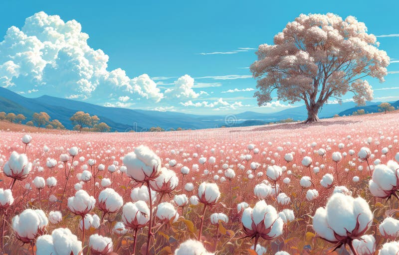 Cotton Field with Trees and Cloud Sky Extreme Closeup. Generative AI ...