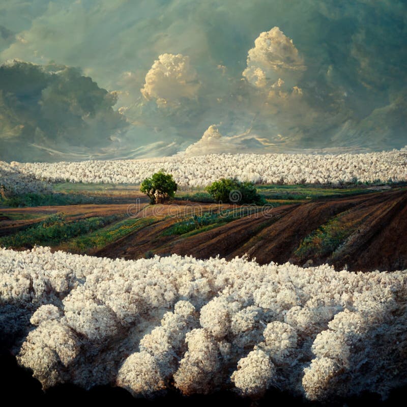 Cotton Fields Ready for Harvesting, Snow Mountains and Clouds Stock ...