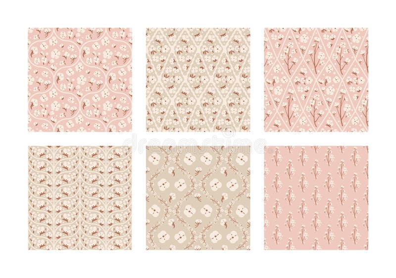 Cotton Flower Plant Seamless Patterns Collection. Damask, Rhombus and ...