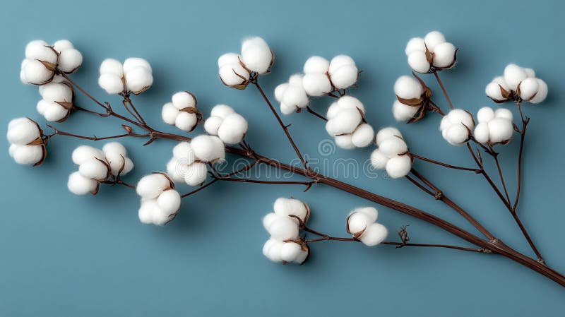 Cotton Flowers on Branch, Blue Background Minimalistic Nature-Inspired ...