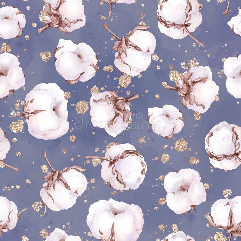 Cotton Flowers Seamless Pattern and Branches. Watercolor Illustration ...