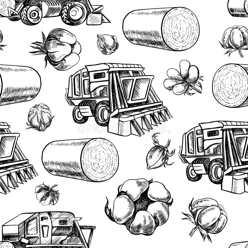 Cotton Harvesters. Seamless Black and White Drawing, Graphic Vector ...
