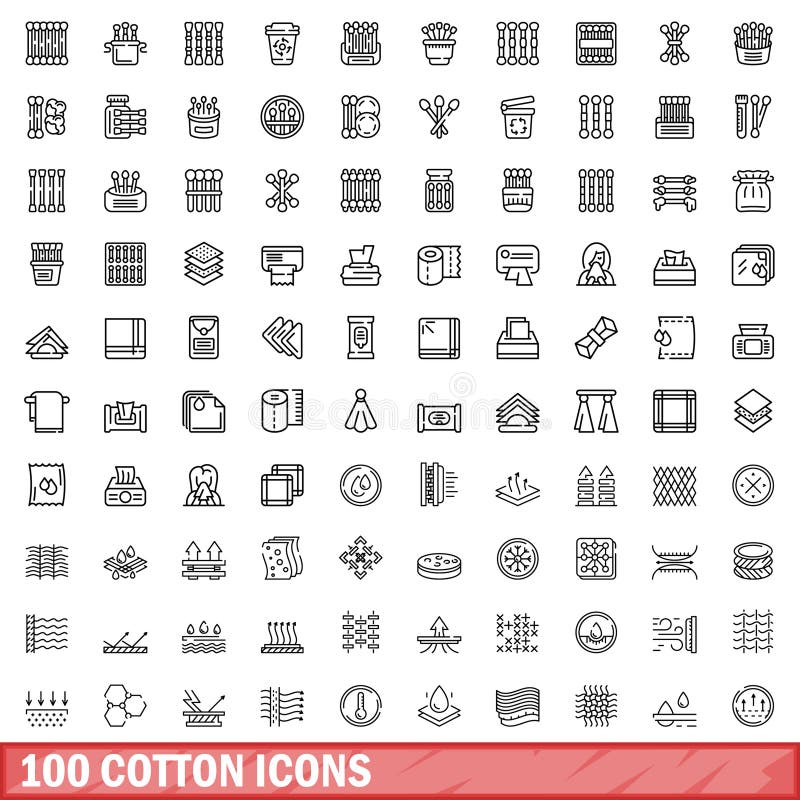 100 Cotton Icons Set, Outline Style Stock Vector - Illustration of swab ...