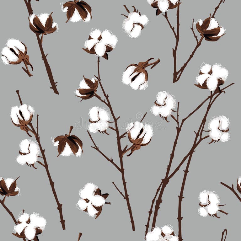 Cotton Plants Grey Seamless Vector Pattern Stock Vector - Illustration ...