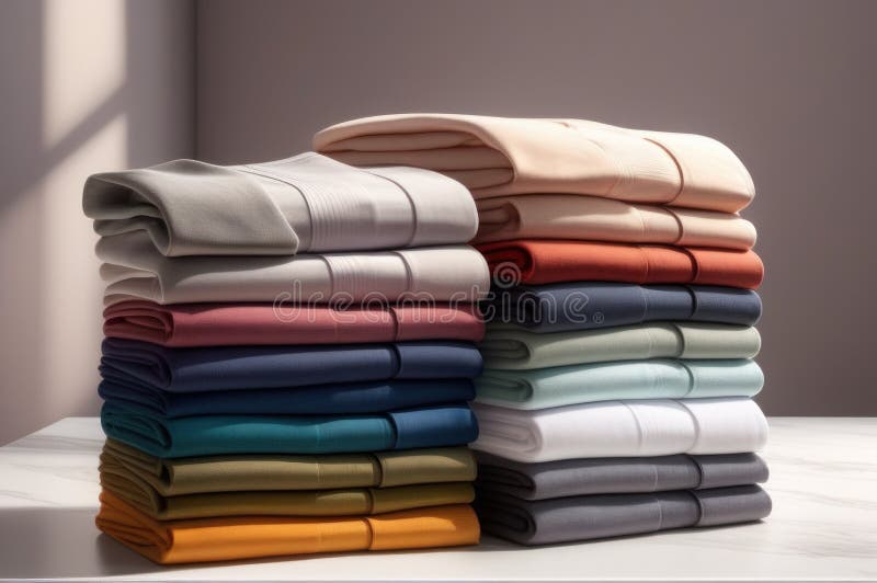 Cotton Stack of Colorful Folded Clothes on White Table Indoors Empty ...