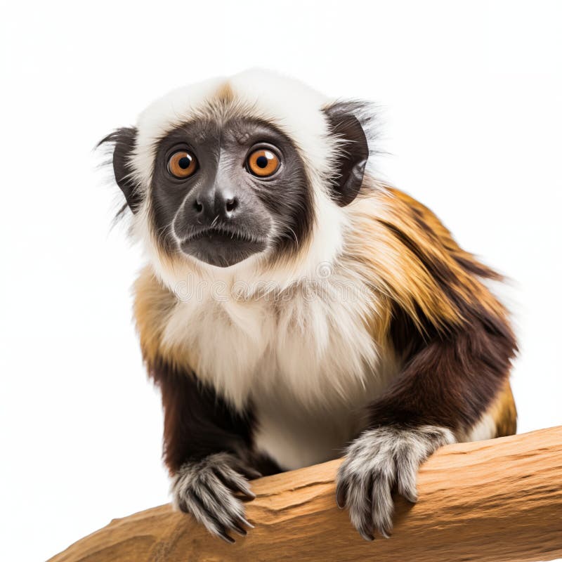 Cotton-Top Tamarin on Branch Against White Background Stock ...