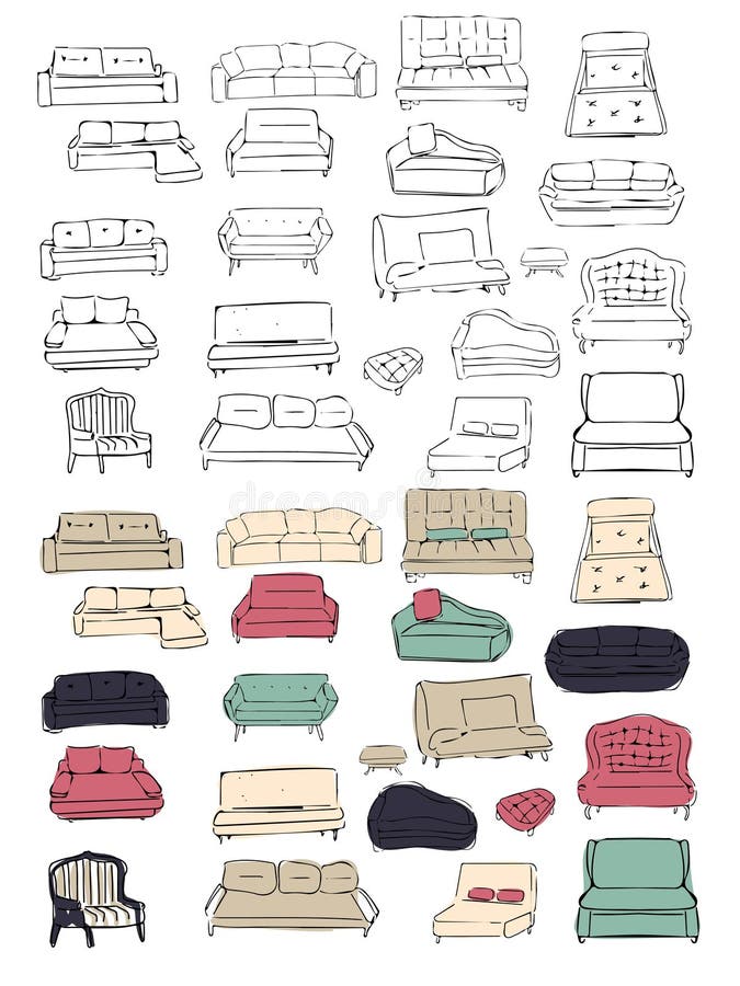 Couch Big Set. Vecthand Drawn Illustration. Interiors Projects. Stock ...