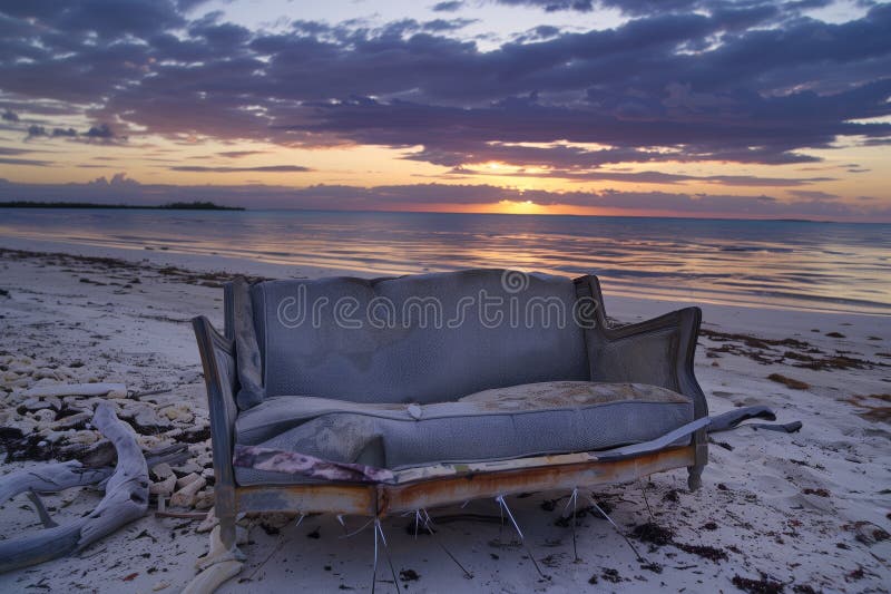 Couch with Broken Legs on a Beach at Sunset Stock Photo - Image of ...