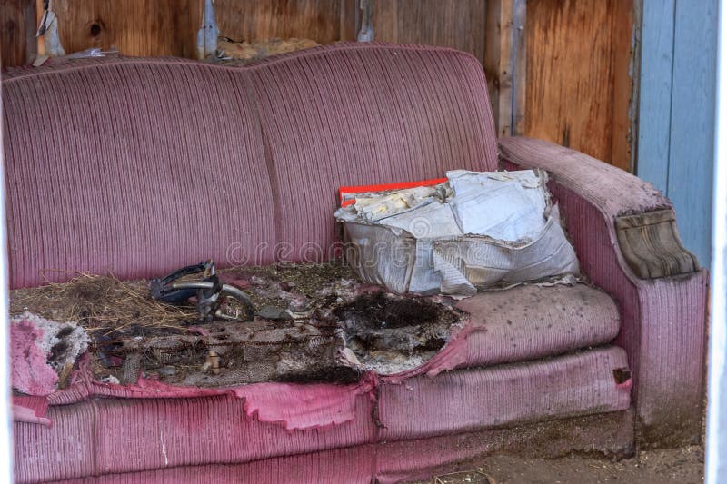 A Couch is Covered in Dirt and Has a Pile of Trash on it Stock Photo ...