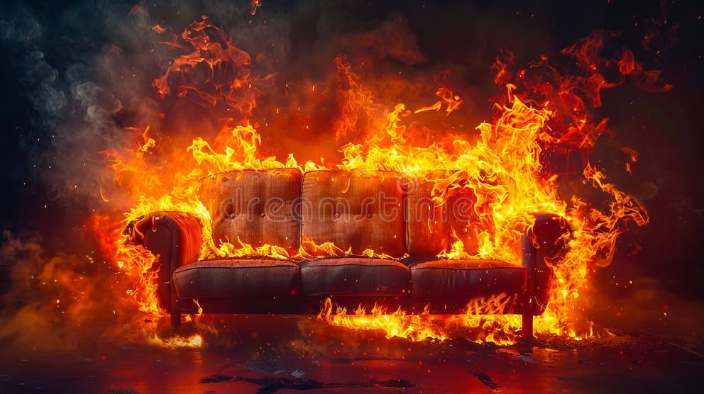A Couch on Fire in a Dark Room Stock Image - Image of flame, burn ...