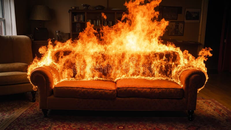 A Couch that is on Fire in a Living Room Stock Image - Image of yellow ...