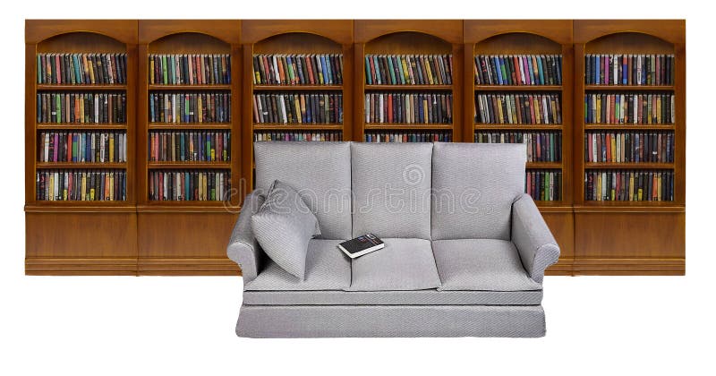 Couch in Front of Wooden Rounded Top Bookcase Full of Books Stock Image ...