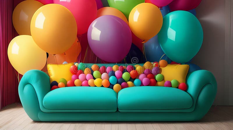 A Couch that Has a Bunch of Balloons on it, a Bright and Saturated ...