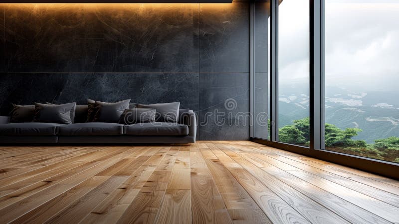 A Couch in a Room with Large Windows Overlooking the Mountains, AI ...