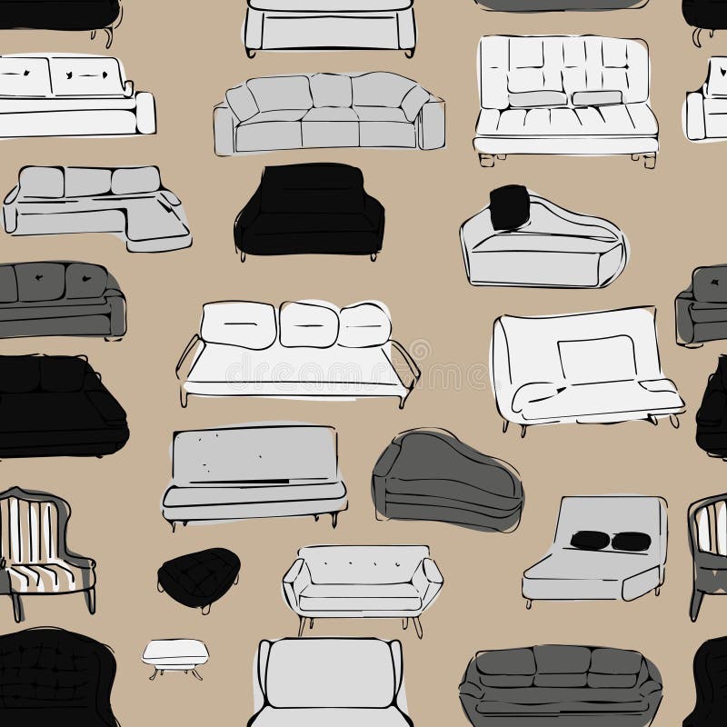 Couch Seamless Pattern. Vector Hand Drawn Illustration Stock Vector ...